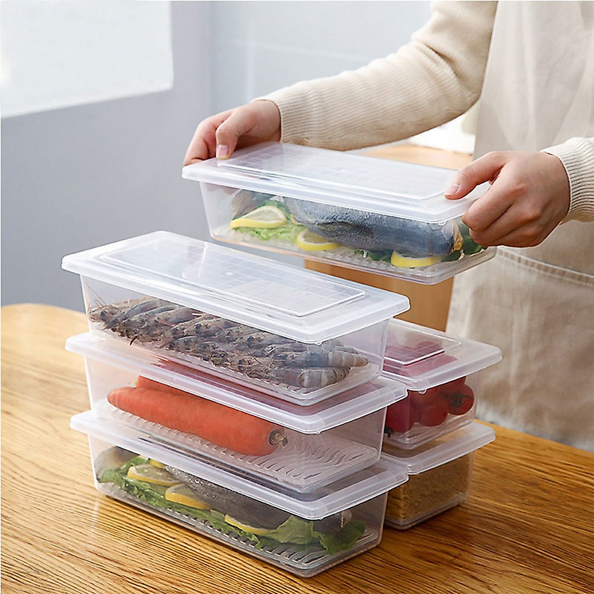 TERNCOEW Stackable Fruit Storage Containers For Fridge Removable Drain Tray Containers With Drain Tray Keep For For Veggie Large Glass Food Storage Containers
