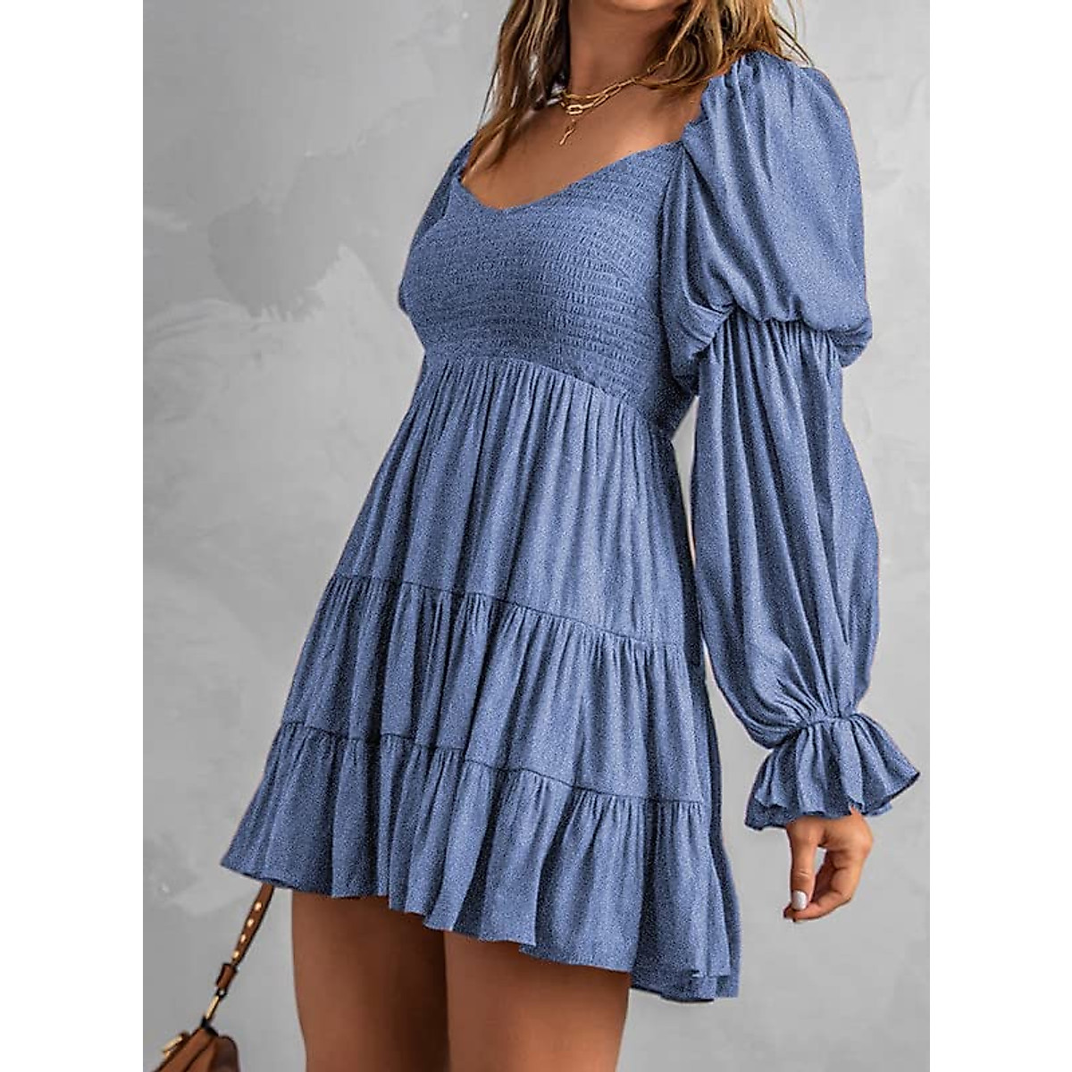 Dokotoo Women Cute Summer Spring 2025 Sexy Off The Shoulder Square V Neck Long Sleeve Babydoll Mini Short Dress Ruffle Smocked Easter A-Line Short Birthday Dresses for Women Casual 2024 Blue Small
