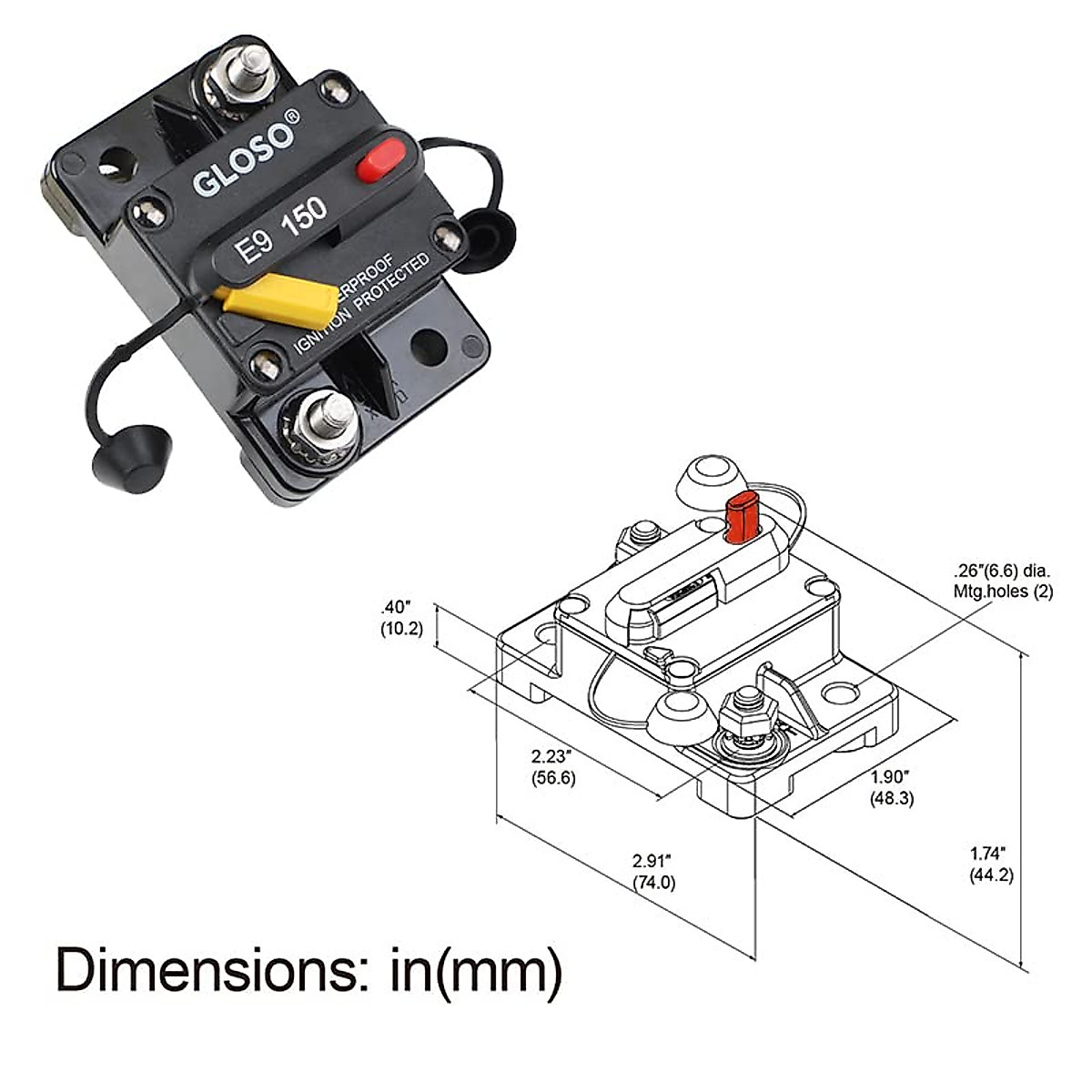 GLOSO E99L LED Indicator, T3 Manaul Reset Breaker for Marine RV Truck Hi-Amp Circuit Breaker (150A)