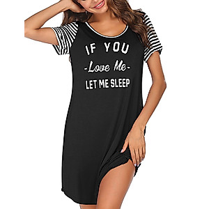 Ekouaer Nightgown For Woman Night Dress Short Sleeve Printed Sleep Shirt With Pocket Sleepwear Soft Black M