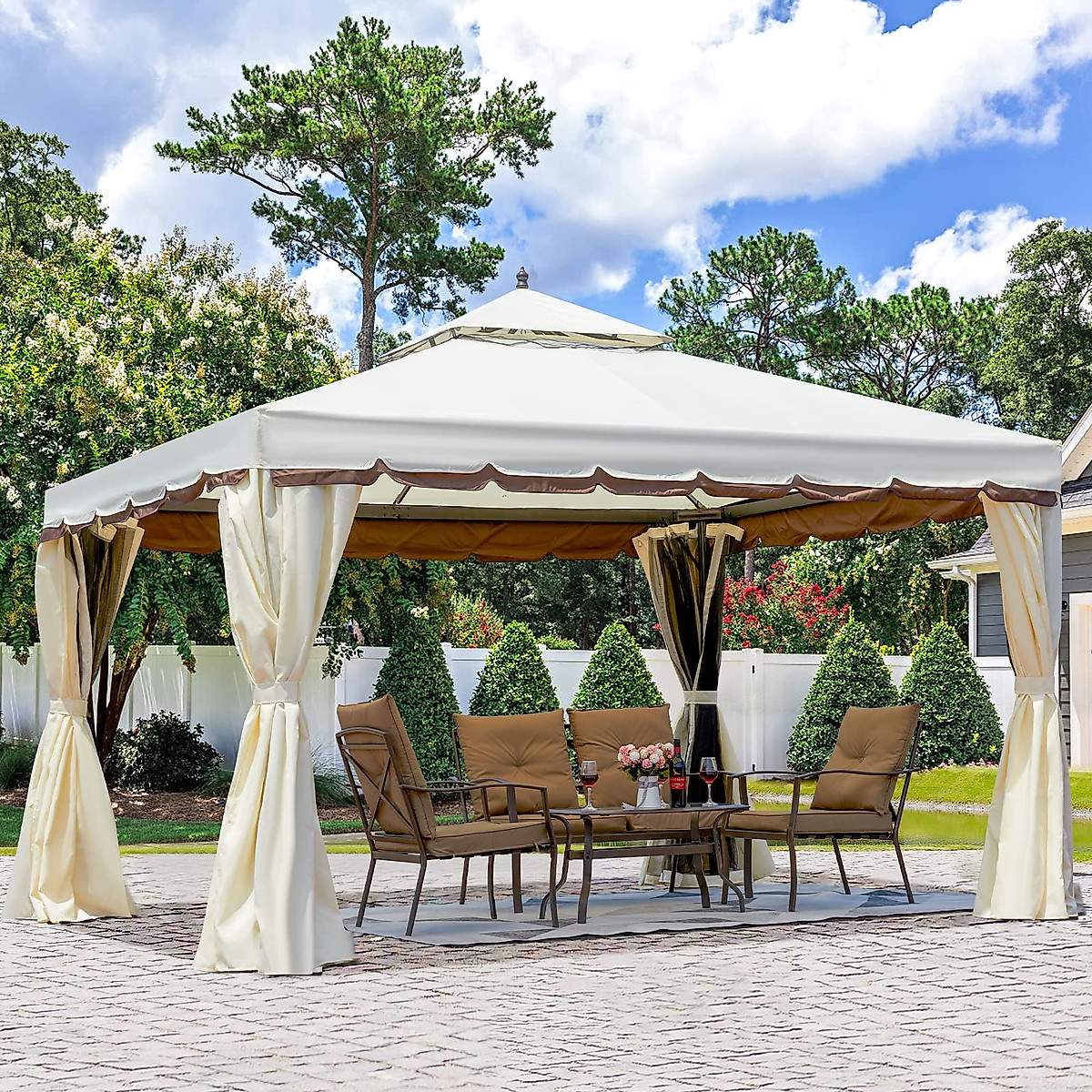 Erommy 10' x 12' Outdoor Canopy Gazebo, Double Roof Patio Gazebo Steel Frame with Netting and Shade Curtains for Garden, Patio, Party Canopy, Cream