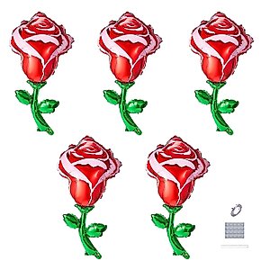DUXUANT 5 pcs Giant Red Rose Flower Balloons 37 Inch | Rose Shaped Foil Balloons for Romantic Wedding Valentine's Day Mother's Day Graduation Birthday Baby Shower Party Decoration