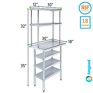 Amgood 18" x 30" Stainless Steel Work Table with 3 Shelves and 12" Wide Double Tier Overshelf | Metal Kitchen Prep Table & Shelving Combo | NSF