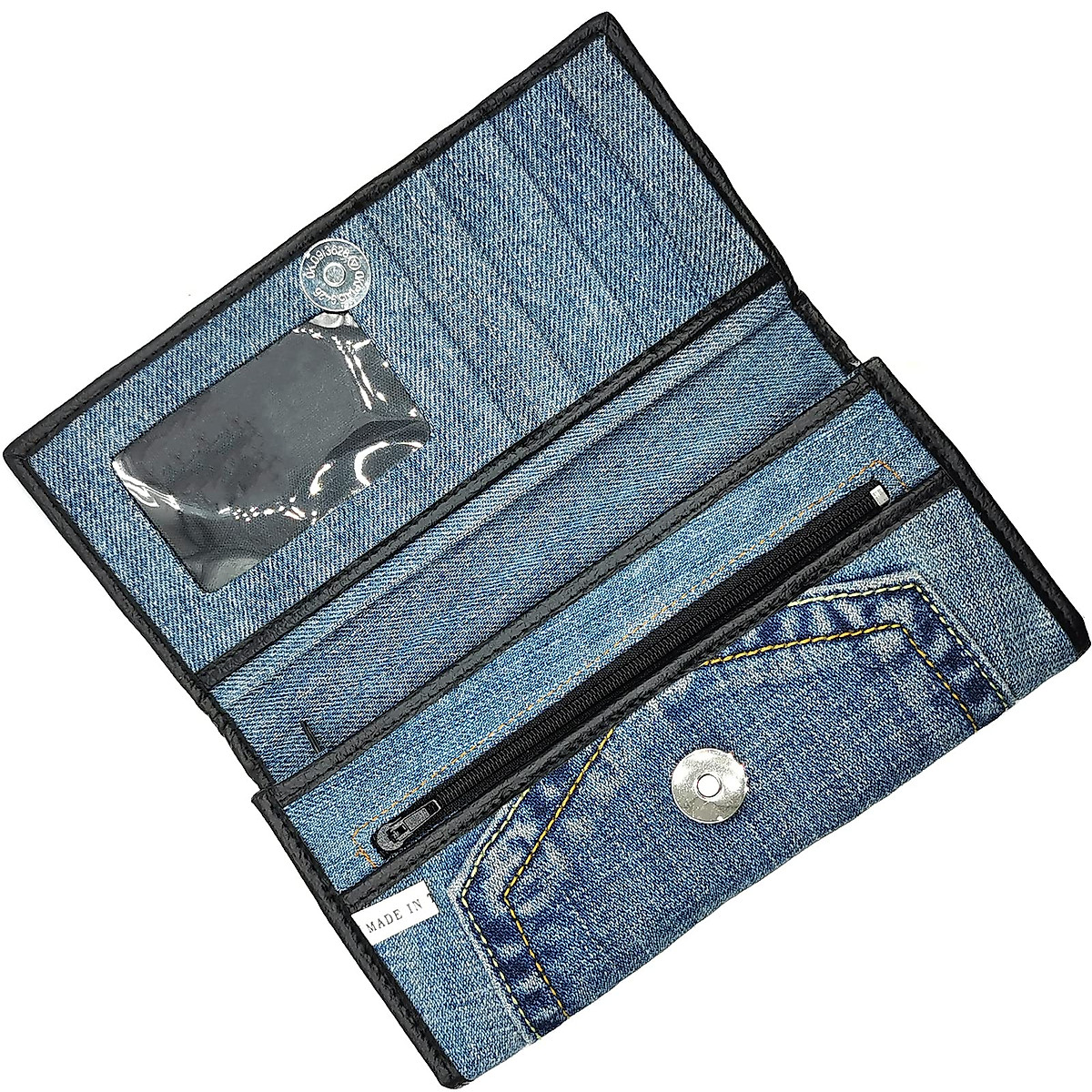 Bijoux de Ja Upcycling Blue Denim Versatile Decorated Flap Cover Pocket Money Long Wallet Purse Clutch for Women (RANDOM)