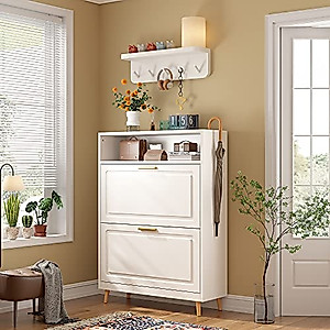 EnHomee Shoe Cabinet 24 Pair Shoe Cabinet for Entryway Slim Entryway Shoe Storage Cabinet with 2 Flip Drawers Size up to Men's 13 Narrow Shoe Cabinet Hidden Shoe Cabinet with Doors Open Shelves