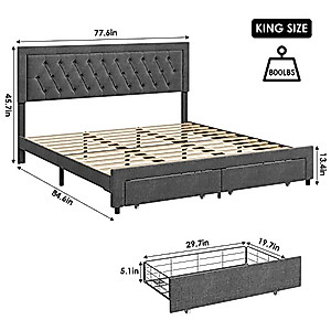 King Bed Frame with 2 Storage Drawers, Fabric Upholstered Platform Bed Frame with Deep-set Pattern Button Tufted Headboard, Sturdy Wood Slats Support Mattress Foundation, No Box Spring Needed, Grey