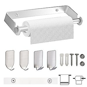 WSZBDY Paper Towel Holder Under Cabinet for Kitchen, Paper Roll Holder, Wall Mount Paper Towel Holder, Towel Hooks, Self Adhesive or Screw Mounting Hooks Wall Mount for Kitchen, Bathroom