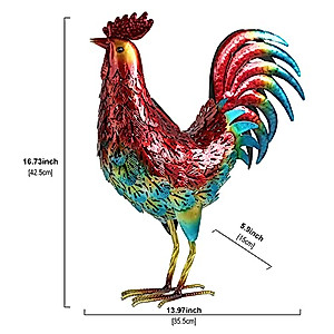 Kircust Solar Metal Rooster Animal Lights Garden Sculptures Art Decor, Outdoor LED Light Color Chicken Statue for Farm Patio Lawn Back Yard Home Decorations,13.98" WX5.9 DX16.74 H