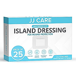 JJ CARE Waterproof Adhesive Island Dressing [Pack of 25], 4" x 5" Sterile Island Wound Dressing, Breathable Bordered Gauze Dressing, Individually Wrapped Latex Free Bandages with Non-Stick Central Pad