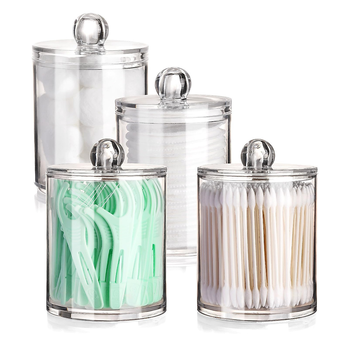Tbestmax 4 Pack Qtip Holder - 10 oz, 12 oz Restroom Bathroom Organizers and Storage Containers, Clear Plastic Apothecary Jars with Lids for Cotton Ball, Cotton Swab, Cotton Round Pads, Floss