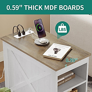 YITAHOME End Table with Charging Station, Narrow Side Table with Storage Shelf, Farmhouse Nightstand with Storage for Small Spaces, Living Room, Bedroom, Grey Wash