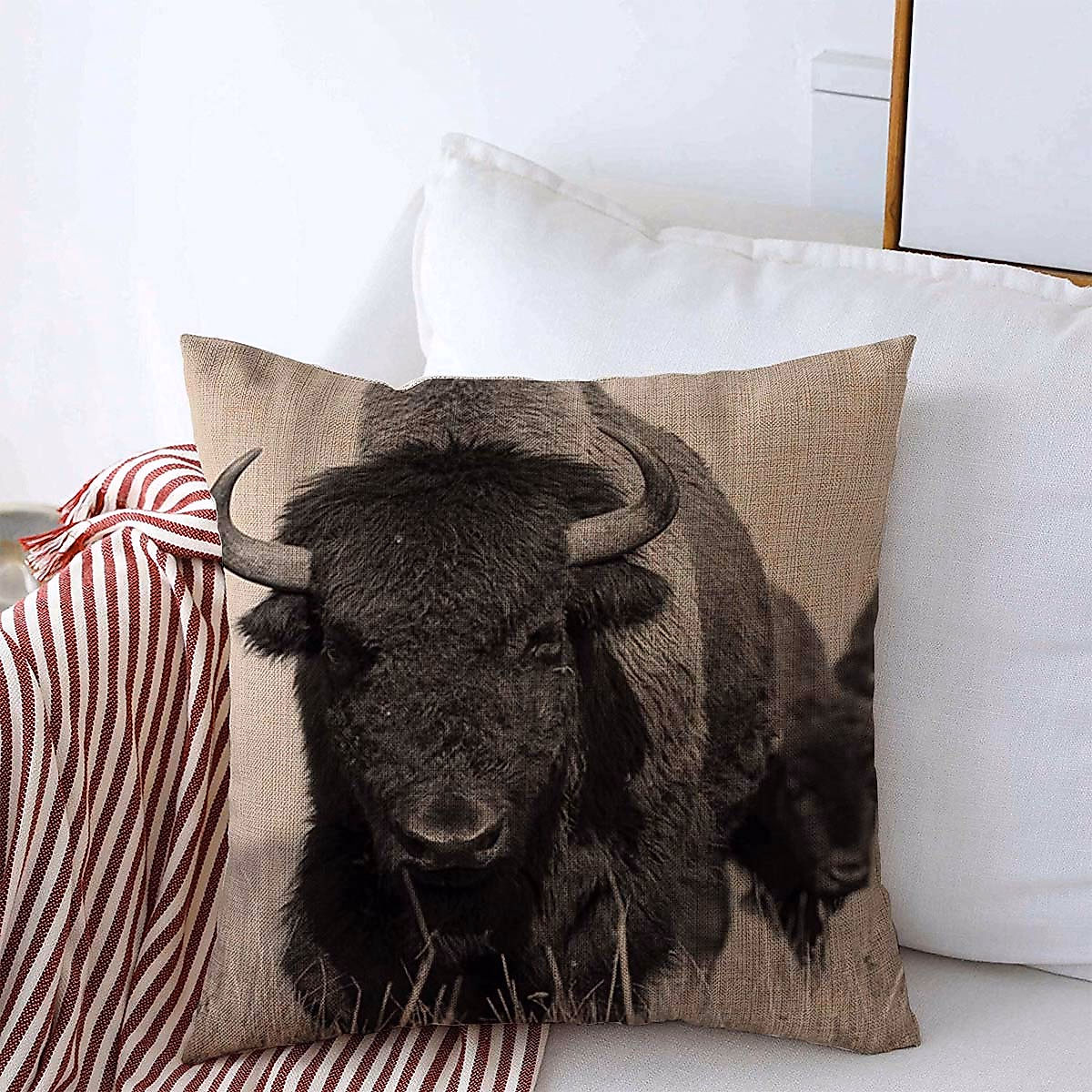 Staroutah Throw Pillows Cover 20 x 20 Inches Head American Bison Buffalo Sepia Herd Animals Wildlife Black Nature Bull Approach Autumn Beautiful Cushion Case Cotton Linen for Fall Home Decor