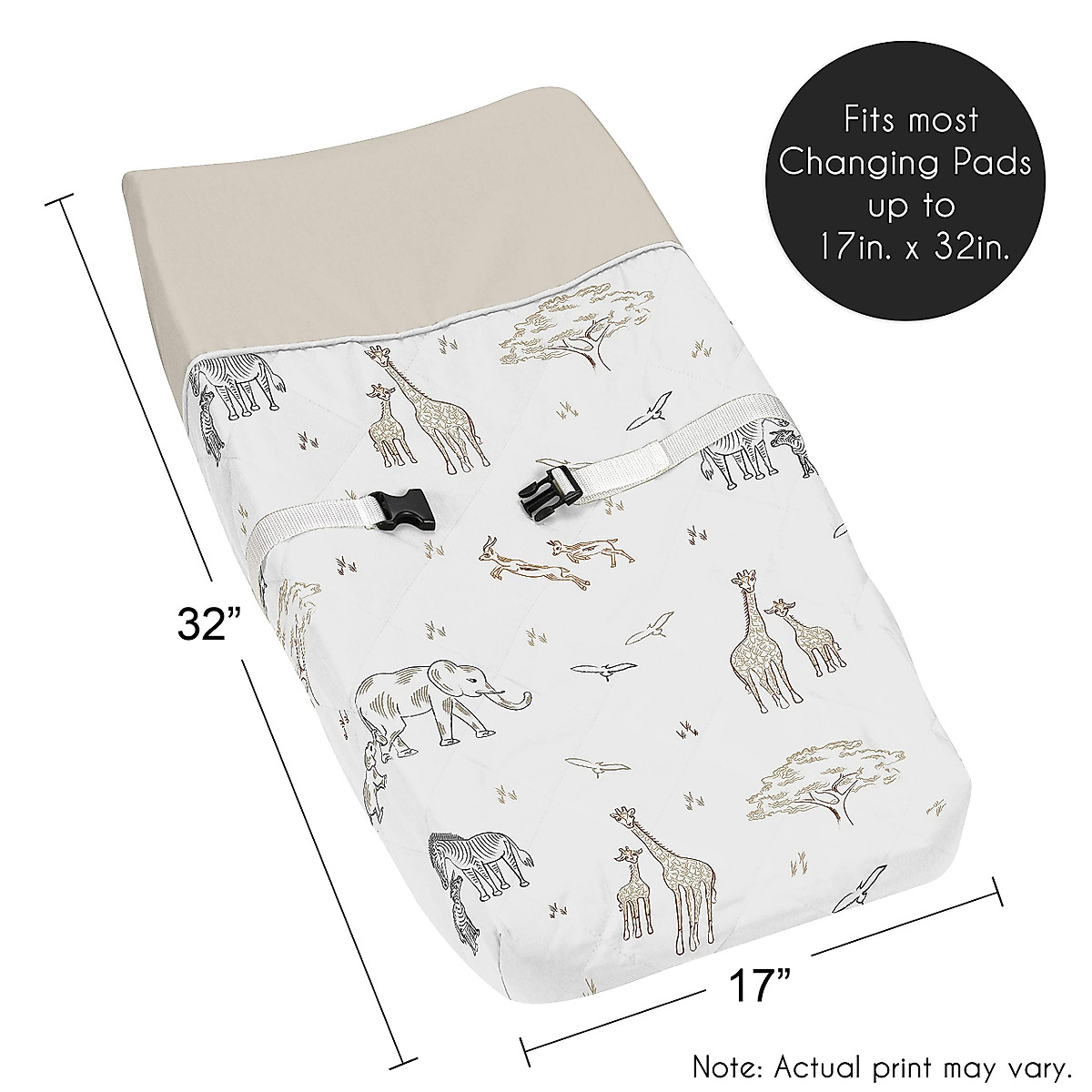 Sweet Jojo Designs Jungle Safari Animals Boy Girl Baby Nursery Changing Pad Cover Beige Brown Taupe Black and White Gender Neutral Animal Elephant Giraffe Wildlife Adventure Zebra Elephants Serengeti