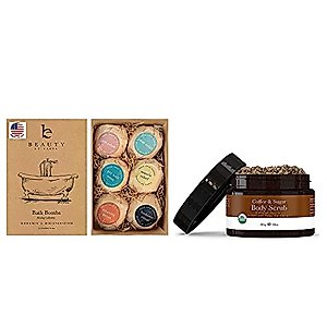 Bath Bombs Gift Set - 6 Large - Organic Shea Butter, Salts, Clays and Essential Oils - Organic Coffee Body Scrub - Sugar Scrub Hydrating Exfoliating, Body Exfoliator and Polish for Shower and Bath