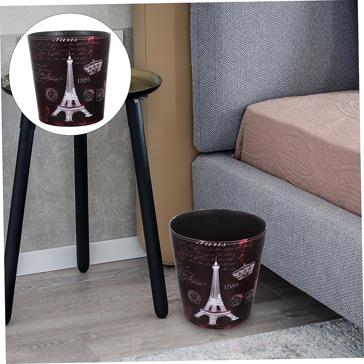 WHAMVOX Garbage Can Waste Paper Basket Metal Trash Can with Lid Decorative Trash Can Rubbish Bin 13 Gallon Trash Can Out The Office Decor Household Trash Can Eiffel Tower Desk Leather