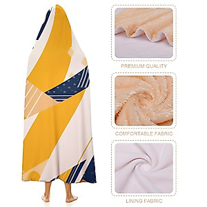 Elegant Navy Blue Mustard Yellow White Stripes Geomestry Hooded Blanket Spring Summer Flower Elegant Line Plush Warm Fluffy Blanket for Adult And Kids Comfortable Throw Blankets for Couch Bed 60"x80"