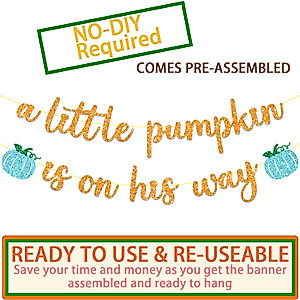 Little Pumpkin Baby Shower Decorations for Boy, Fall Blue Gender Reveal Decor, A Little Pumpkin Is on His Way Baby Shower Banner and Pumpkin Hanging Swirls
