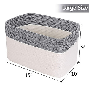 ANMINY Woven Cotton Rope Storage Baskets with Handles Large Washable Basket Decorative Storage Bins Boxes Nursery Baby Kid Toy Blanket Clothes Towel Laundry Organizer Containers - White/Gray