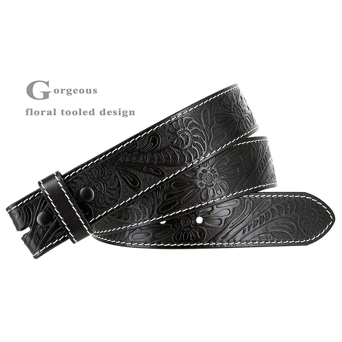 Genuine Full Grain Western Floral Engraved Tooled Leather Belt Strap 1-1/2" Wide (Black, 38)
