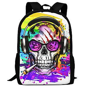 Sdfsdby Colorful Skull with Headphones Laptop Backpack Water Resistant School Computer Backpack College Fashion Casual Dayback Business Backpack for Teens Adults Boys Girls…