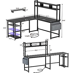 Aheaplus L Shaped Desk with Power Outlet & LED Strip, Reversible Corner Computer / Gaming Desk with Storage Shelf & Monitor Stand, Modern 2 Person For Home Office, Writing , Black