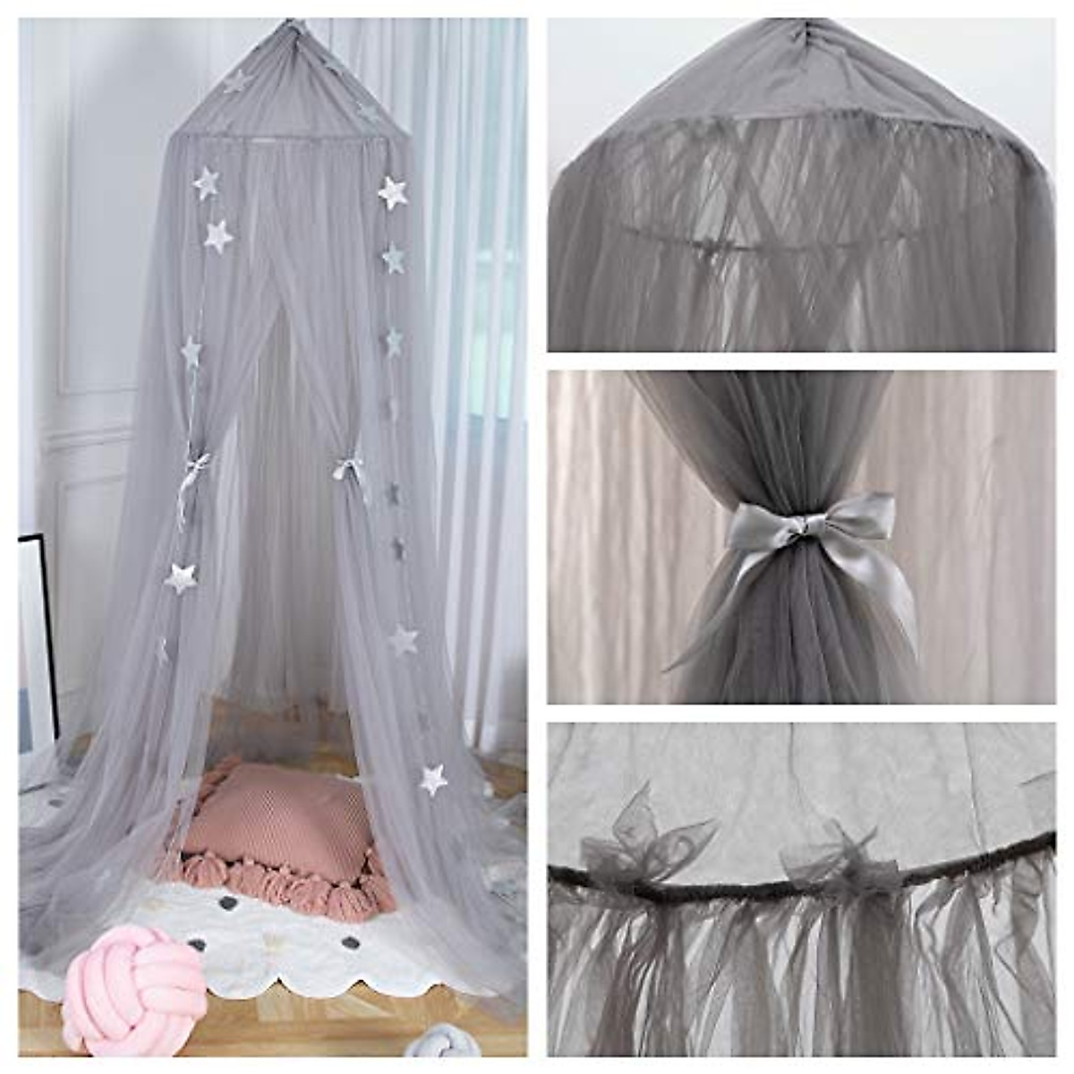 OldPAPA Bed Canopy for girls - Princess Bed Canopy Mosquito Net Nursery Play Room Decor Dome Premium Yarn Netting Curtains Baby Game Dream Castle, Grey