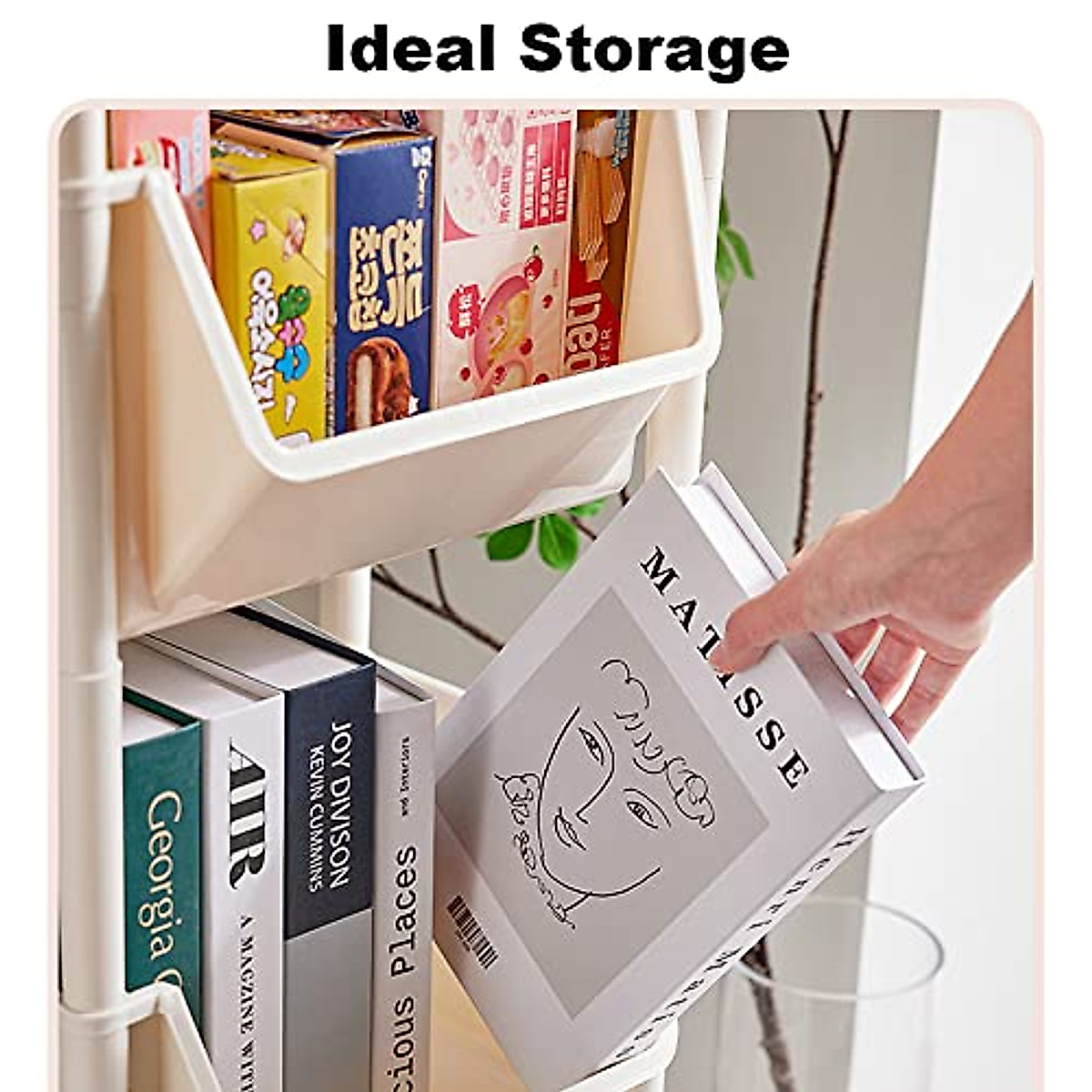 Item Shelf Bookshelf with Wheels, Large Storage Easy Assemble 3-Tier 4-Tier Shelf with Lockable Wheels Standing Strong Structure Movable Design for Family Room Students Office Working (4-Tier, A)