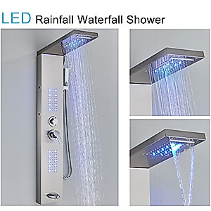 FCOTEEU Shower Panel Tower System,LED Rainfall Waterfall Shower Head LED Large Area Massage Jets Tub Spout,Stainless Steel Bathroom Shower Tower Column Brushed Nickel