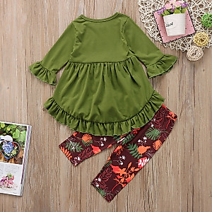 Toddler Little Girls Ruffle Flare Tunic Dress Top Striped Leggings Pants 2PC Fall Winter Outfit Set Clothes (6-7T, Green)