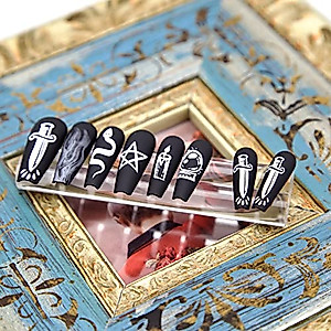 Fantasticlady Medium Coffin Press On Nails,Dark goth grily style with Tarot Design,Black undertone False Nails,Matte On Nails for Women and Girls