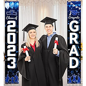 2023 Graduation Decorations-Class of 2023 Congrats Grad Porch Sign Banner,Door Hanging Welcome Banner for Blue Graduation Party Supplies
