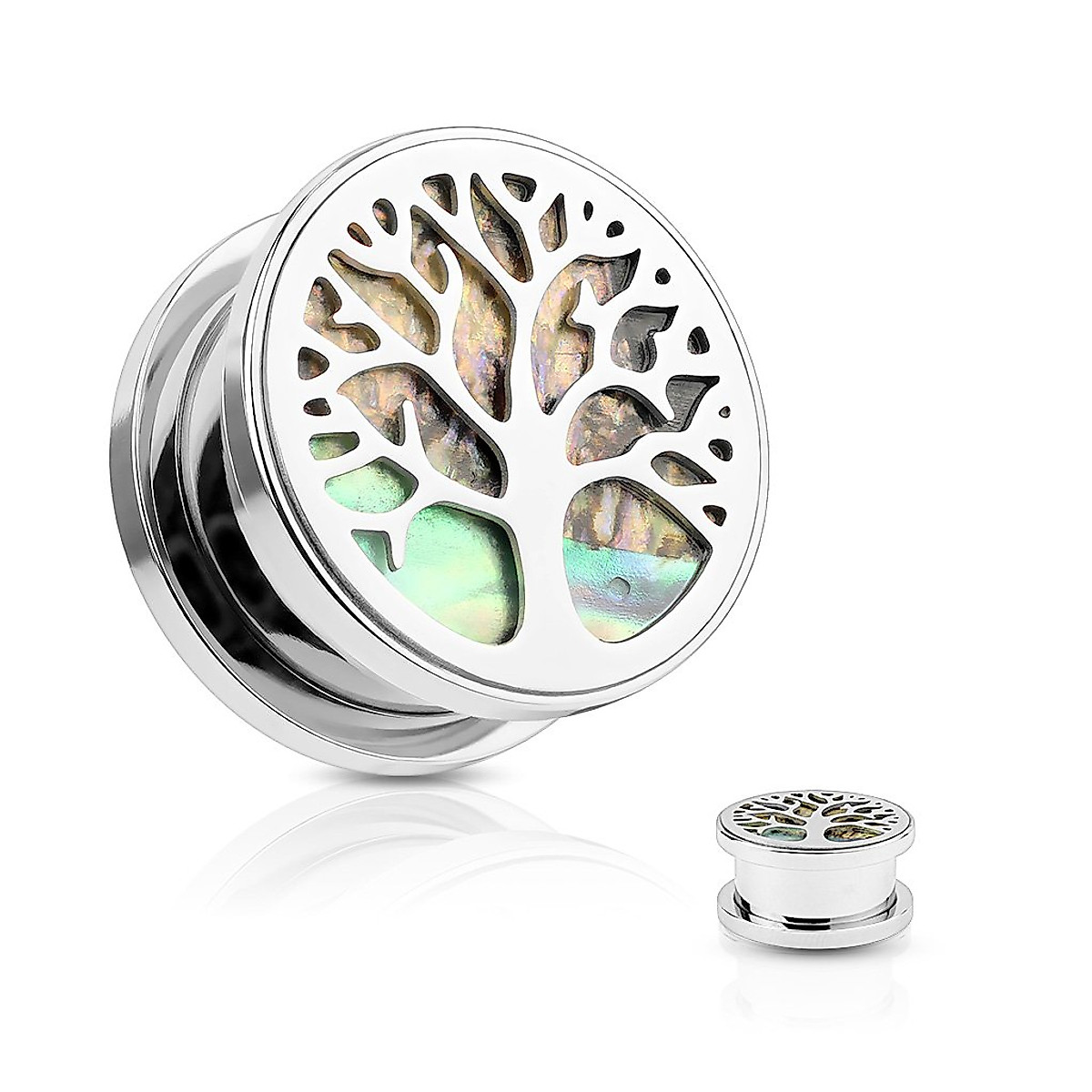Pierced Owl Tree of Life Abalone Inlay Screw Fit Tunnel Plug Earrings - Sold as a Pair (10mm (00GA))