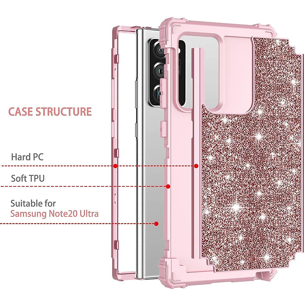 Pandawell for Galaxy Note 20 Ultra Case Glitter Sparkly Bling Heavy Duty Hybrid Sturdy High Impact Shockproof Protective Cover Case for Samsung Galaxy Note 20 Ultra 5G 6.9 inch, Shiny Rose Gold