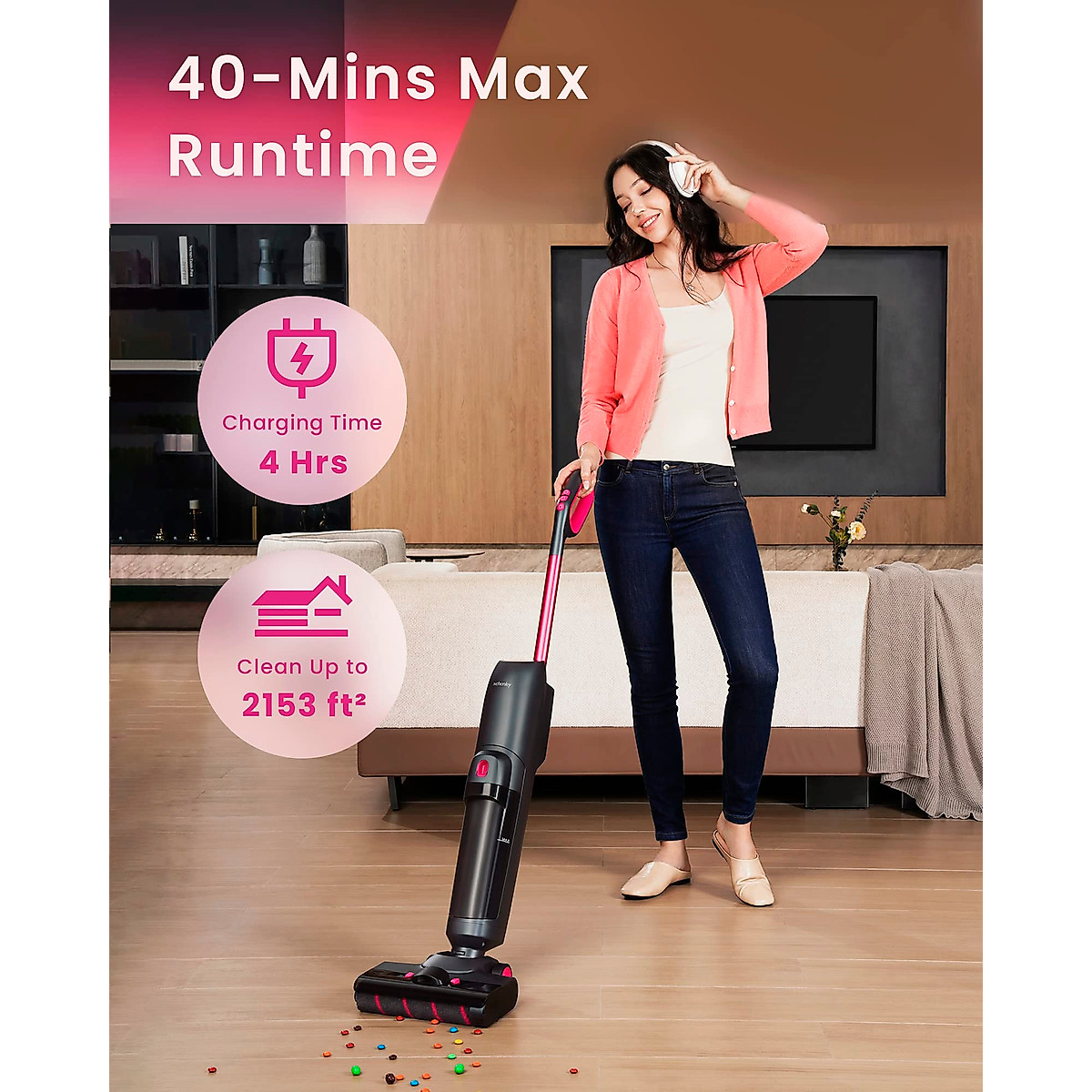 Schenley Wet Dry Vacuum Cleaner - Cordless Vacuum and Mop One-Step Cleaning for Hard Floors with Self-Cleaning and Air Dry, Smart Mess Detection, Enhanced Edge Cleaning, On-Demand Sprayer