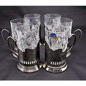 Combination 6 Russian CUT Crystal Drinking Tea Glasses W/metal Glass Holders "Podstakannik" for Hot or Cold Liquids