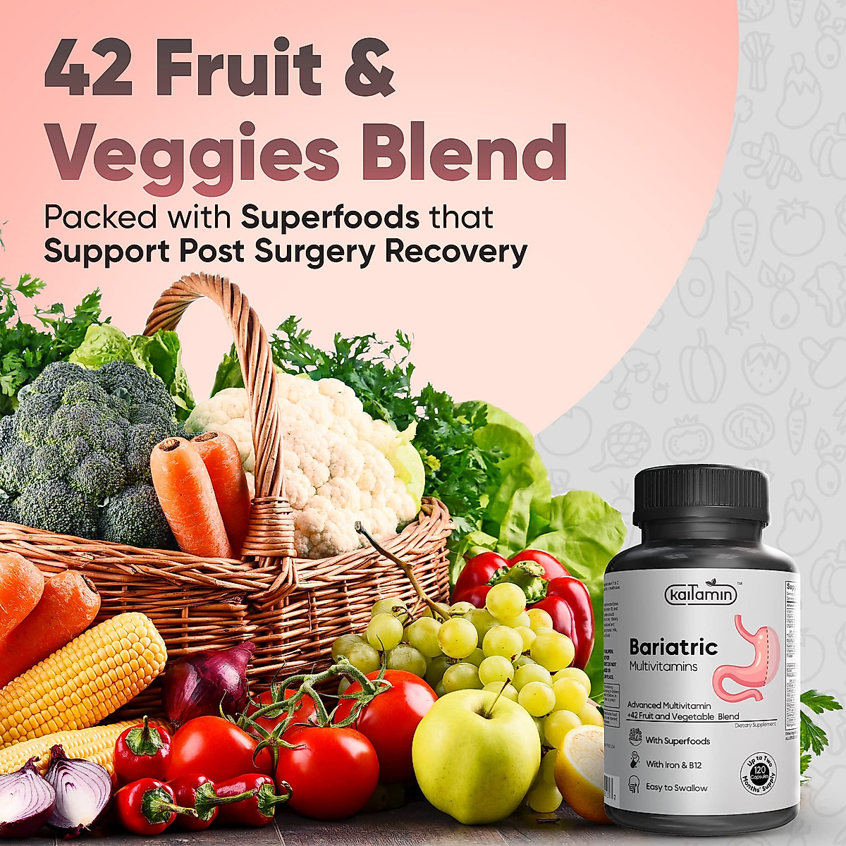 Kaitamin Bariatric Multivitamin with Iron for Post-Bariatric Surgery - Easy-to-Swallow Liquid Capsules with 42 Fruit & Veggie Blend - 120 Capsules, 2 Month Supply