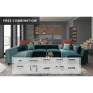 LLappuil Modern Modular Sectional Living Room Sofa Set, Low Back Minimalist Style Couch, Soft Fabric 6 Seater Oversized 138.4" U Shape Sofa, Aqua Blue