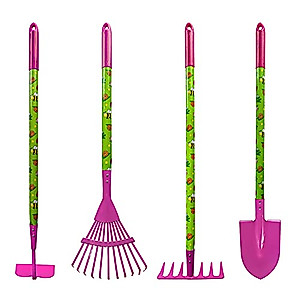 MTB Supply Kid’s Garden Tool Set with Child Safe Shovel, Rake, Hoe and Leaf Rake– 4 Piece Gardening Kit with Pink Head and Long Wood Handles…