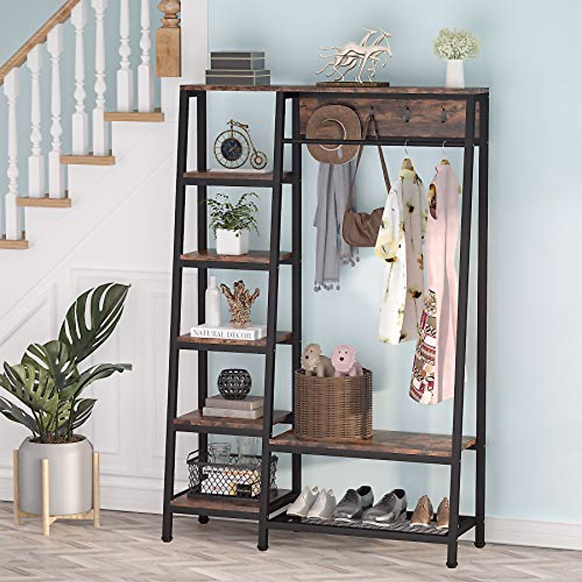 Tribesigns Entryway Hall Tree with 5-Tier Storage Shelves and 4 Hooks, Freestanding Closet Organizer Coat Garment Rack for Hallway Bedroom