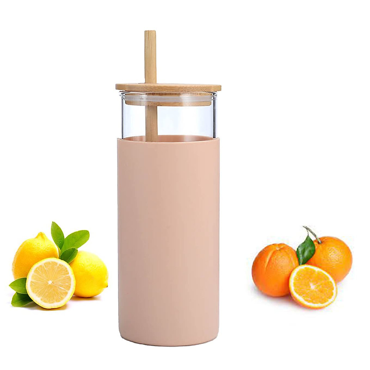 20 Oz Glass Water bottle with bamboo lid Glass Tumbler with silicone protective sleeve Cup (peach) Glass water bottle Coffee cup