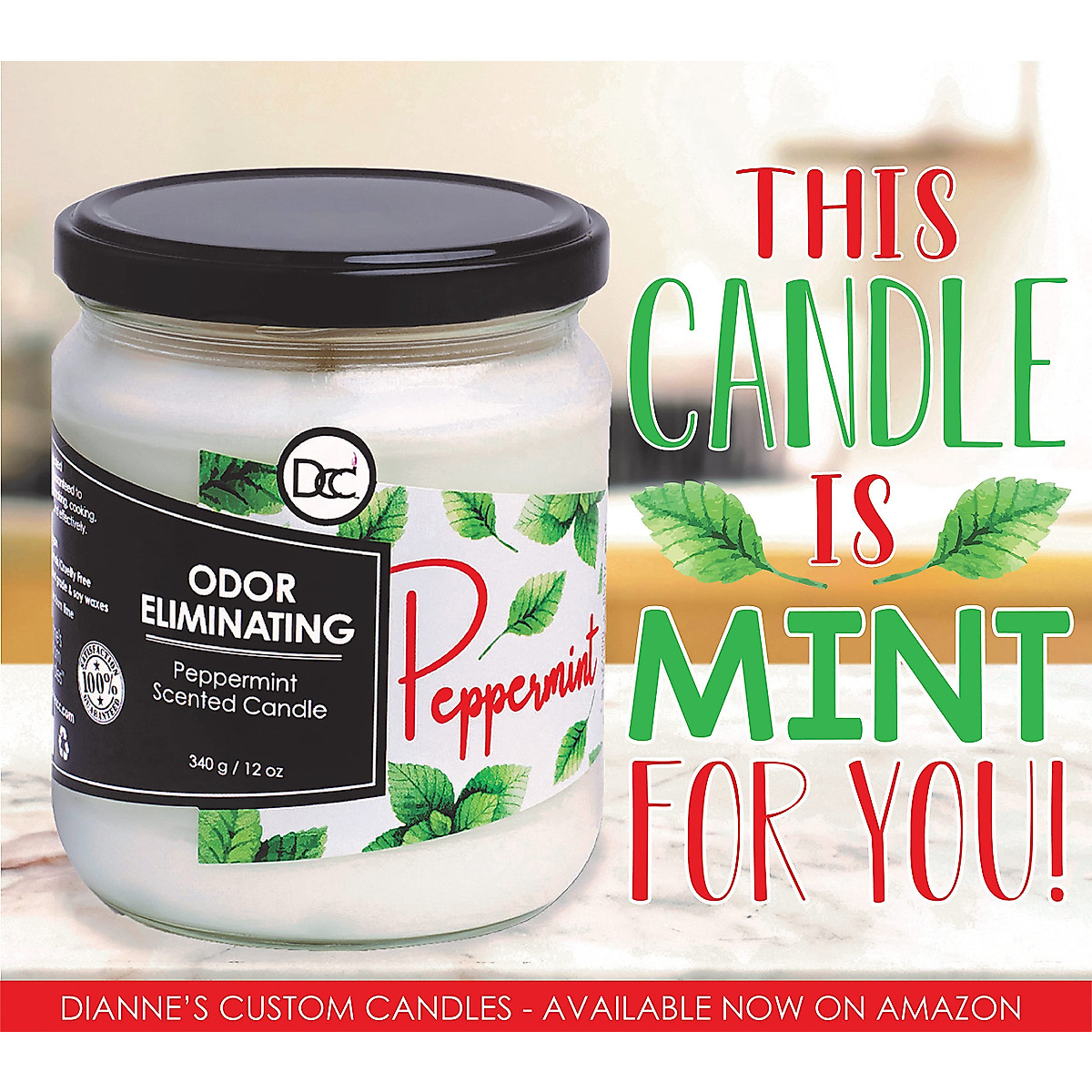 Peppermint Odor Eliminating Highly Fragranced Candle - Eliminates 95% of Pet, Smoke, Food, and Other Smells Quickly - Up to 80 Hour Burn time - 12 Ounce Premium Soy Blend