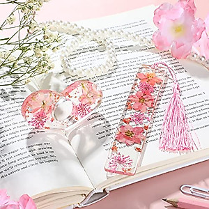 Dried Flower Resin Bookmarks and Book Page Holder Transparent Floral Page Marker with Tassels Handmade Thumb Ring Page Holder Personalized Reading Accessories Gift for Women Girls Adults Kids