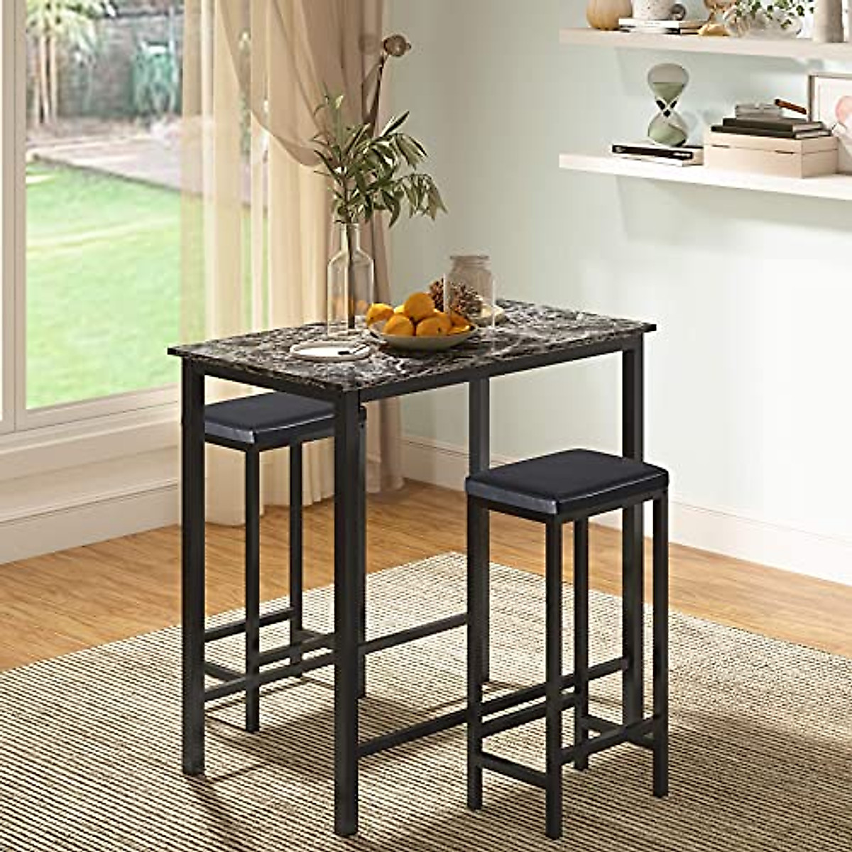 HOMURY 3-Piece Pub Bar Table Set for 2, Faux Marble Tavern Set Breakfast Nook Dining Table Set with 2 Faux Leather Backless Stools, 35.4" W X 19.7" D X 37.4" H