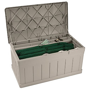 Suncast DB9750 129 Gallon Large Waterproof Outdoor Storage Container for Patio Furniture, Pools Toys, Yard Tools Extended Deck Box, H27 1/2, w/Lid and Seat, Taupe