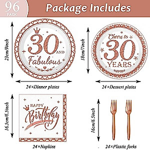 30th Birthday Plates and Napkins Rose Gold Party Supplies 30 and Fabulous Happy Birthday Tableware Set Cheers to 30 Years Party Decorations Table Decors for Women Girl 24 Guests