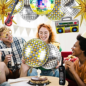 80s 90s Party Decorations, 15Pcs Disco Ball Balloons Gold Explosion Star Foil Balloons Inflatable Boom Box Guitar Mobile Phone Balloons for 80s 90s Hip Hop Theme Birthday Party Decor Supplies