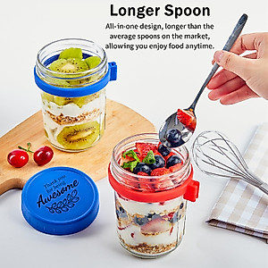 TOFLEN 2 Pack Overnight Oats Containers with Lids and Spoons, 12 oz Glass Mason Overnight Oats Jars Wide Mouth Airtight Oatmeal Container for Yogurt, Cereal and Fruits (Red+Blue)