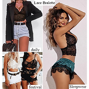 MAXMODA Sexy Pajamas Lace 3 piece Pjs Sets for Women Cami Shorts Lingerie Set with Silk Robe Bridal Sleepwear Dark Green