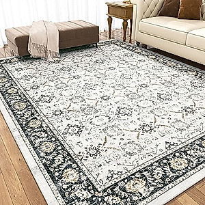 8x10 Washable Area Rug for Living Room Bedroom - Vintage Boho Persian Carpet Large Soft Distressed Floral Floor Rug for Dinning Room Playroom Home Office Indoor Room Decor,Black