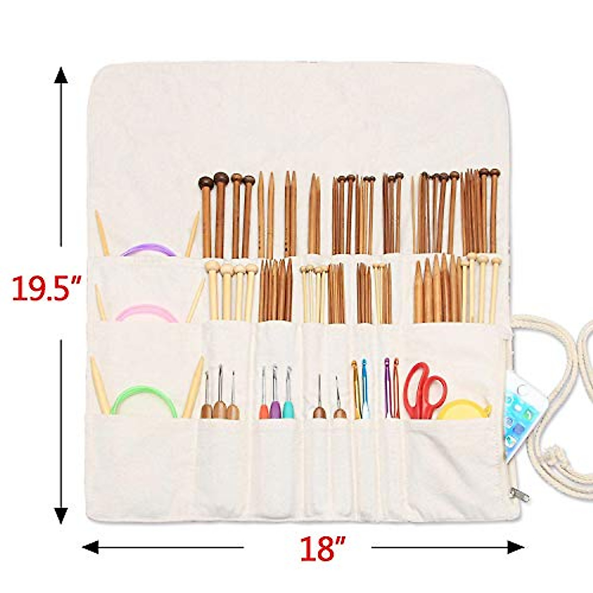 Teamoy 2 Pack Canvas Knitting Tote Bag and Knitting Needles Roll Holder for Yarn, Knitting Needles(14 Inches), Supplies and More, Perfect Size for Knitting on The Go(Large,Blue Flowers)